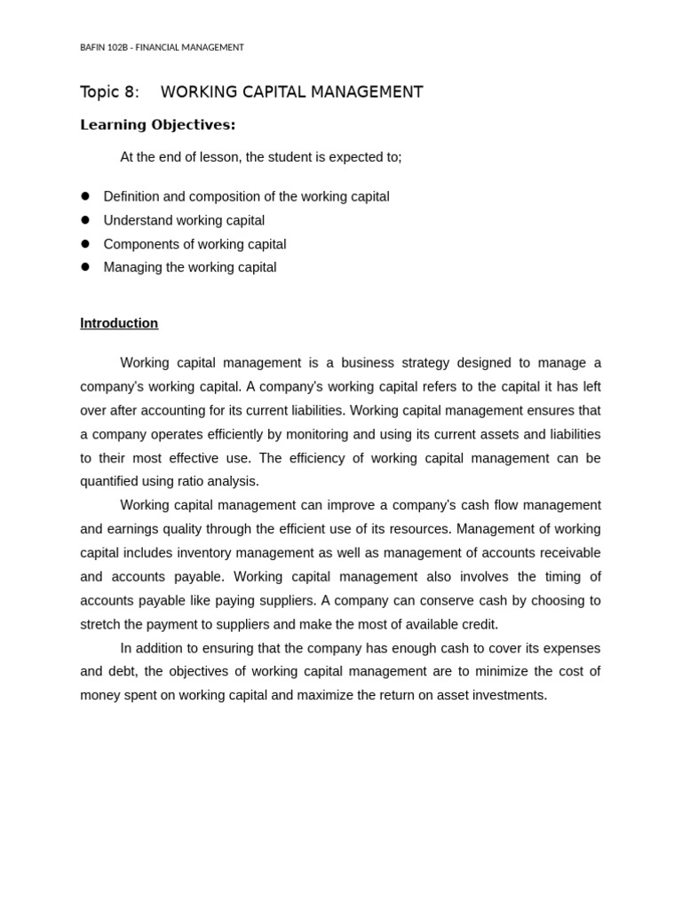 Topic 8 Working Capitl Introduction | PDF | Working Capital | Capital ...