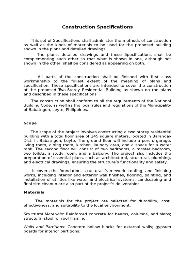 Specification For BSD Culminating Activity | PDF | Wall | Concrete