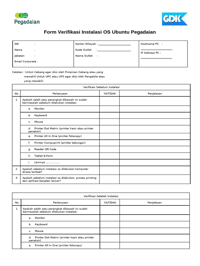 Form Verifikasi Instalasi OS Ubuntu Pegadaian | PDF