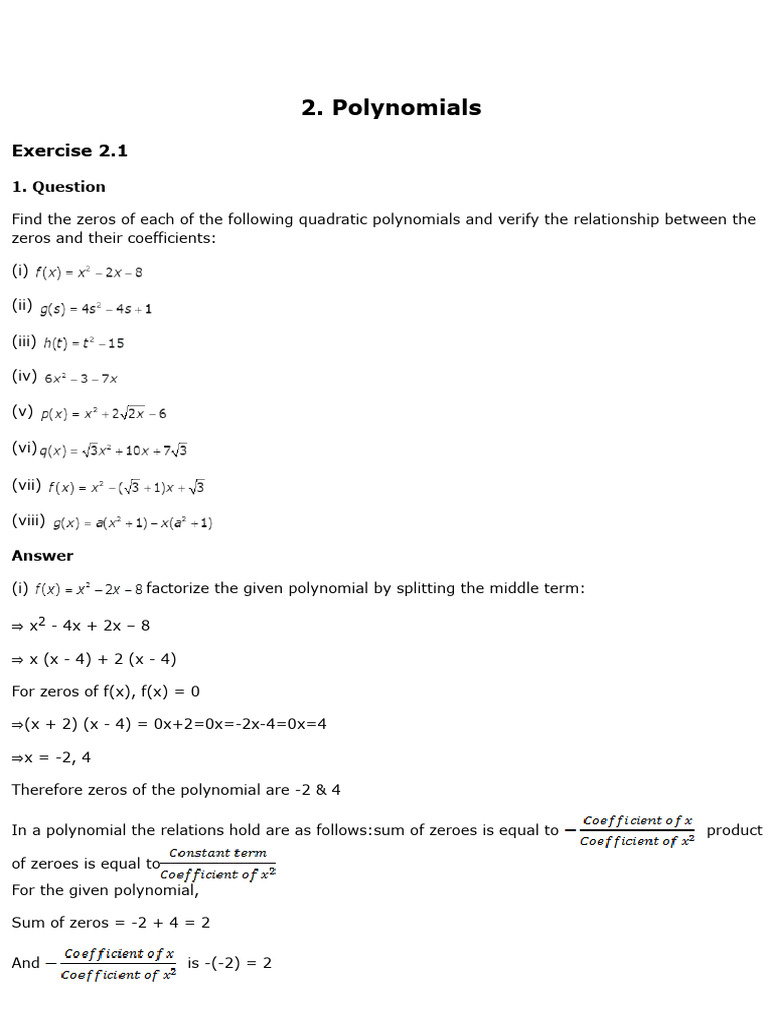 Class 10 Polynomials Extra Questions | PDF | Factorization | Division ...