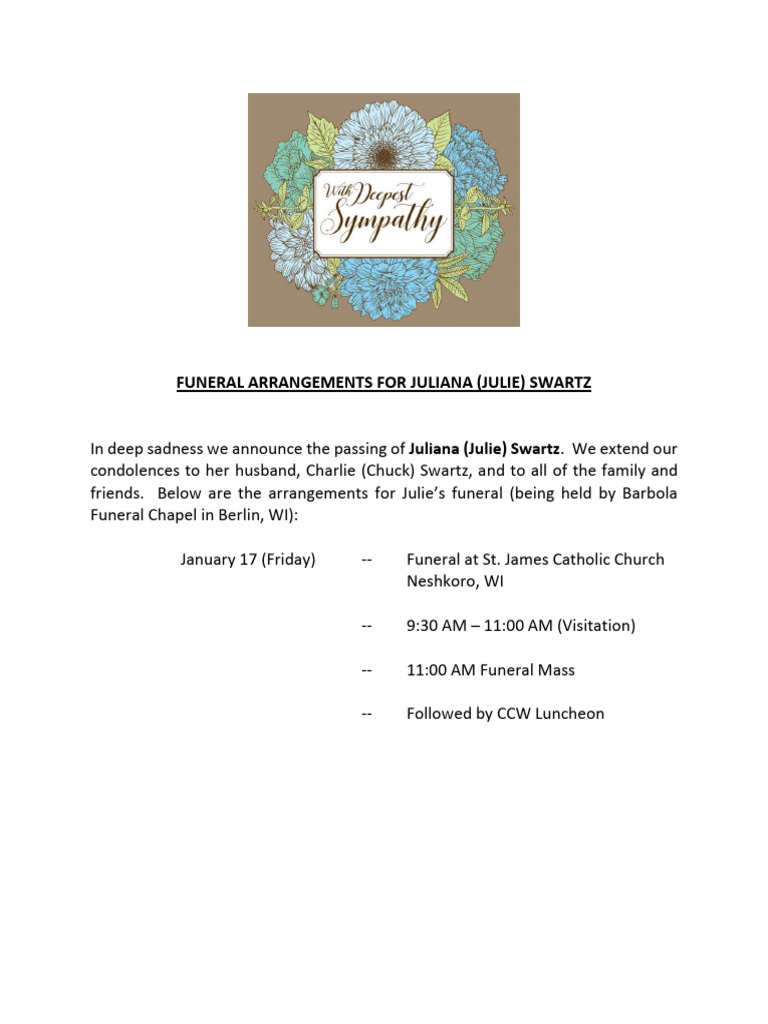 Our Condolences and Juliana (Julie) Swartz Funeral Arrangements - 1-13 ...