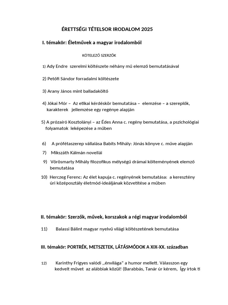 A - 2025 Szóbeli Érettségi Tételek - Irodalom | PDF