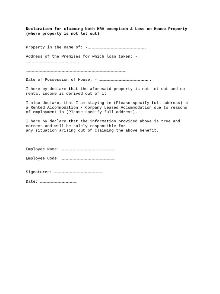Declaration For Both HRA and Housing Loan | PDF