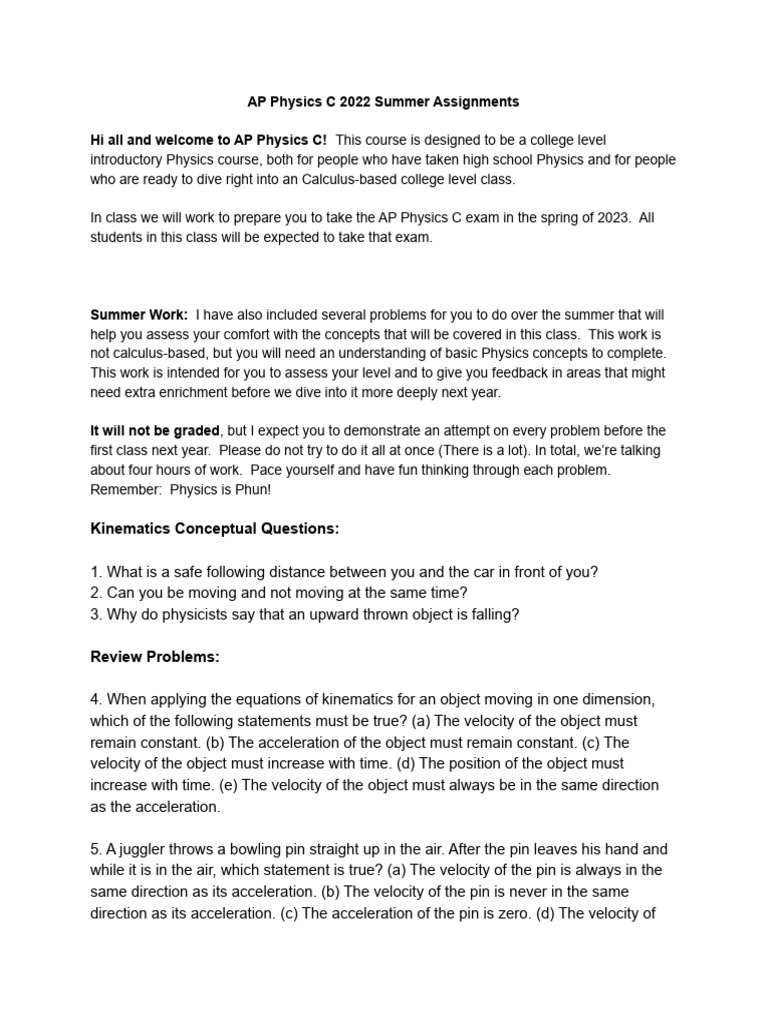 AP Physics C 2022 Summer Assignment | PDF | Force | Acceleration