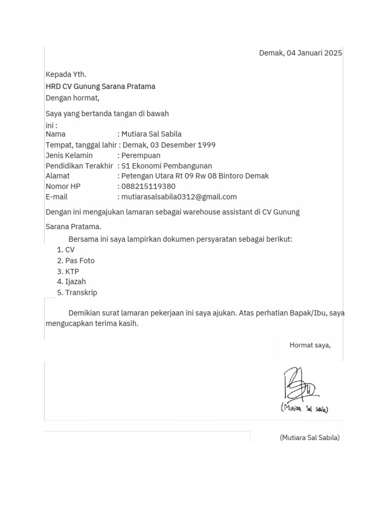 Lamaran CV Gunung Sarana Pratama | PDF