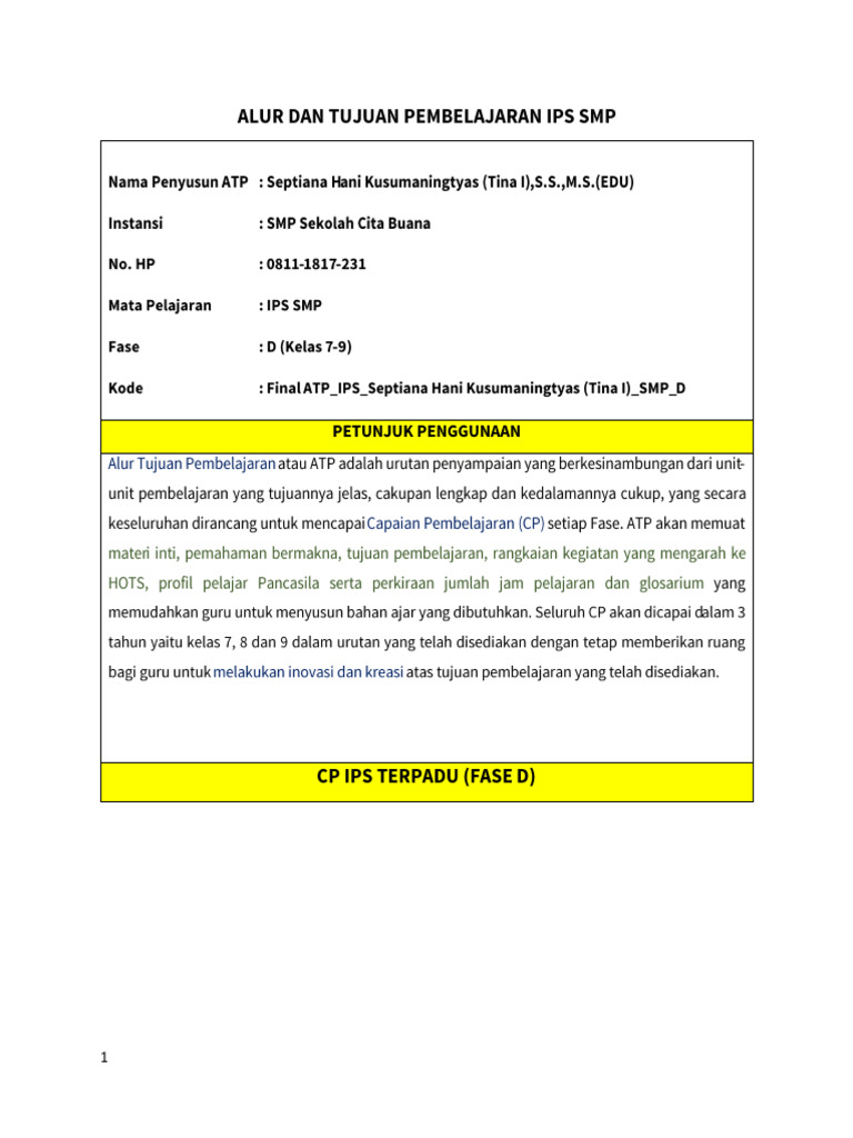 Final Atp - Ips - Septiana Hani Kusumaningtyas (Tina I) - SMP - D - Kelas 7 - Materi 2 | PDF