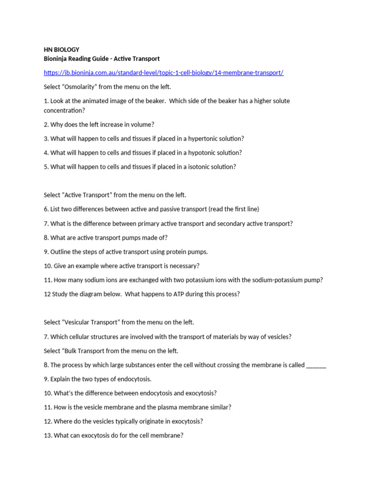 Bioninja Reading Guide Active Transport | PDF