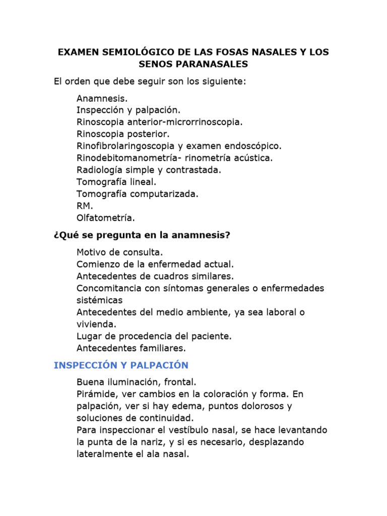 Examen Semiológico de Las Fosas Nasales y Los Senos Paranasales | PDF | Otorrinolaringología ...