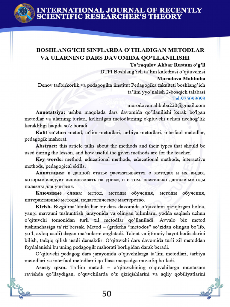 Boshlang'Ich Sinflarda O'Tiladigan Metodlar Va Ularning Dars Davomida Qo'Llanilishi | PDF