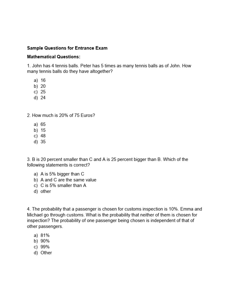 Entrance Exam Sample Questions | PDF | Pound Sterling | United States ...