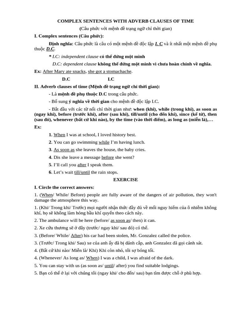 Answer COMPLEX SENTENCES WITH ADVERB CLAUSES OF TIME | PDF