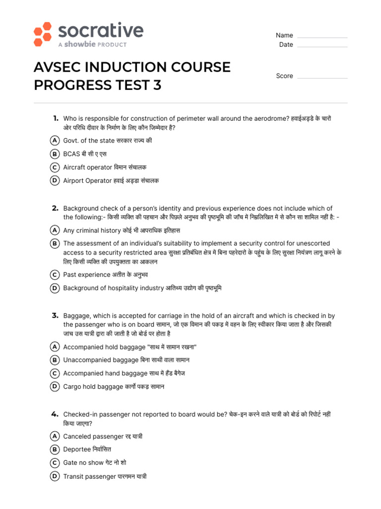 Quiz - AVSEC INDUCTION COURSE PROGRESS TEST 3 | PDF