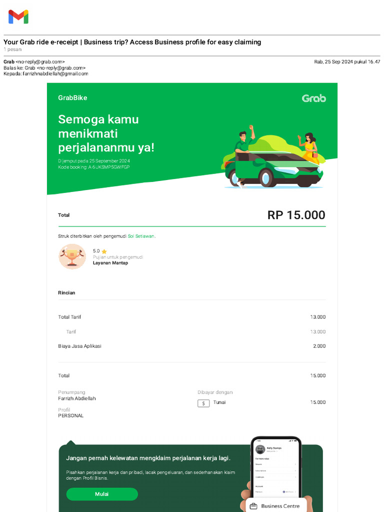 Gmail - Your Grab Ride E-Receipt - Business Trip - Access Business ...
