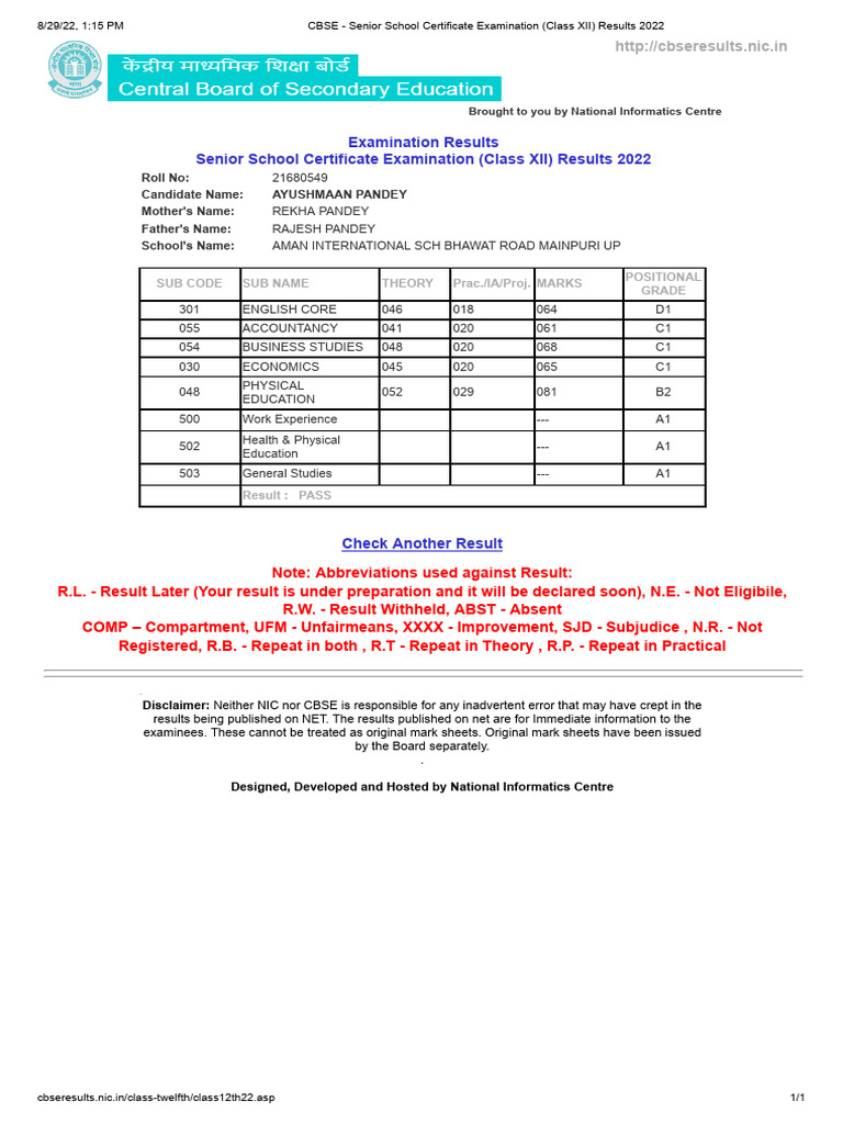 CBSE - Senior School Certificate Examination (Class XII) Results 2022 | PDF | Student Assessment ...