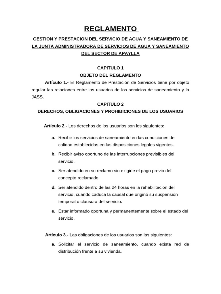 Reglamento de Jass Apaylla | PDF | Saneamiento | Alcantarillado