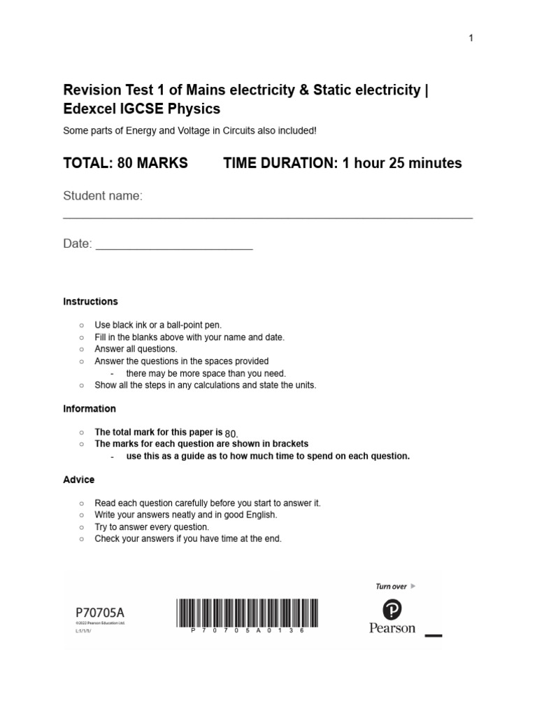 QP Revision Test 1 of Mains Electricity and Static Electricity ...