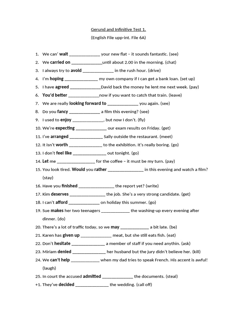 Gerund and Infinitive Test 1 | PDF