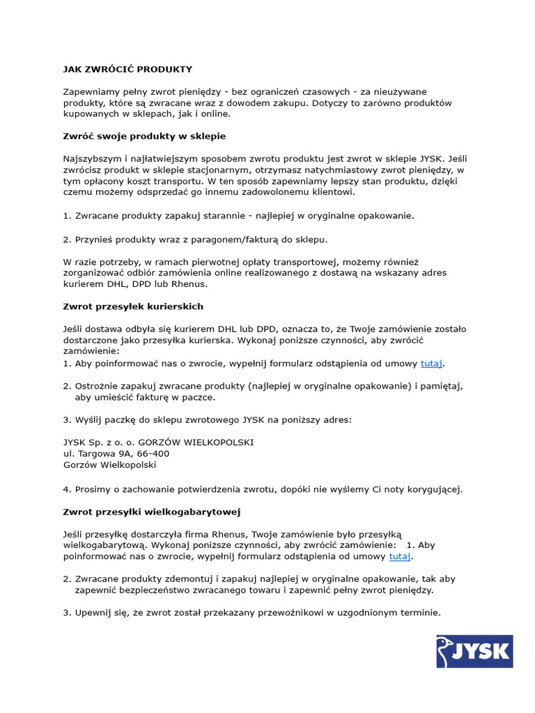 Dokument Zwrotu JYSK JPL | PDF