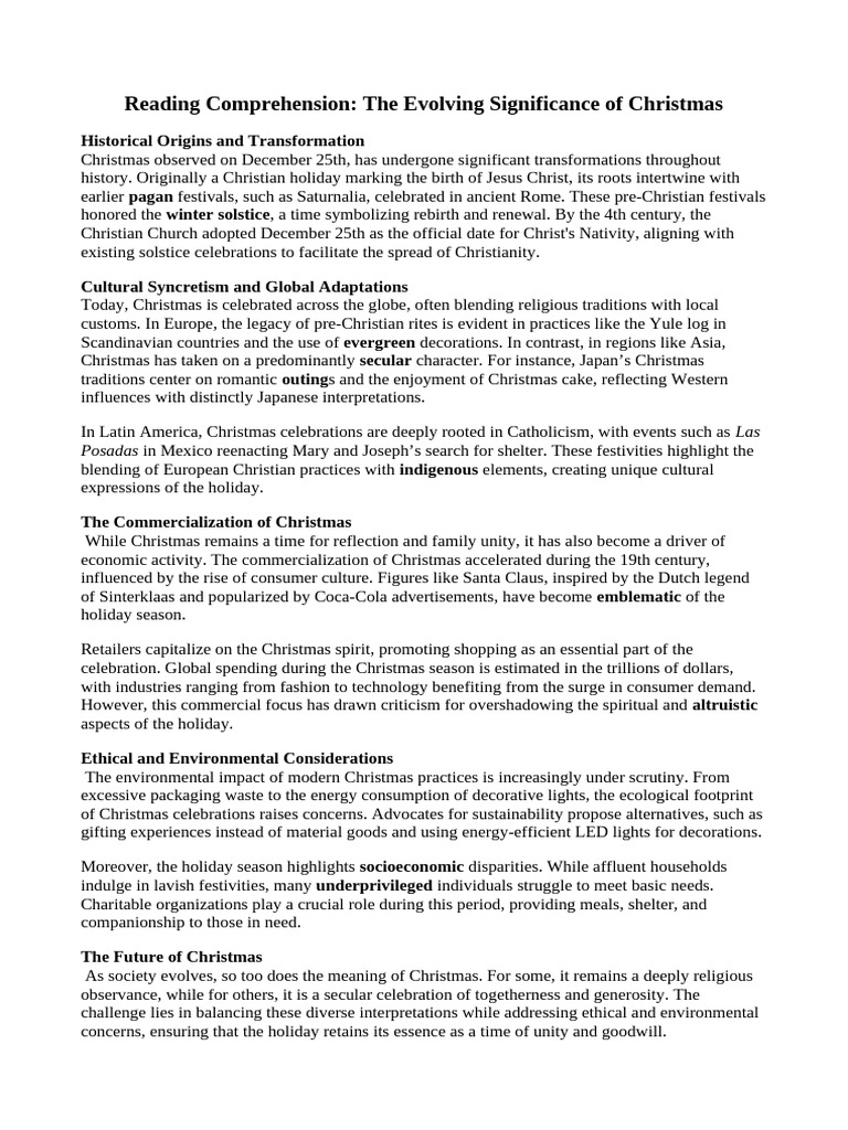 Reading Comprehension - The Evolving Significance of Christmas | PDF ...