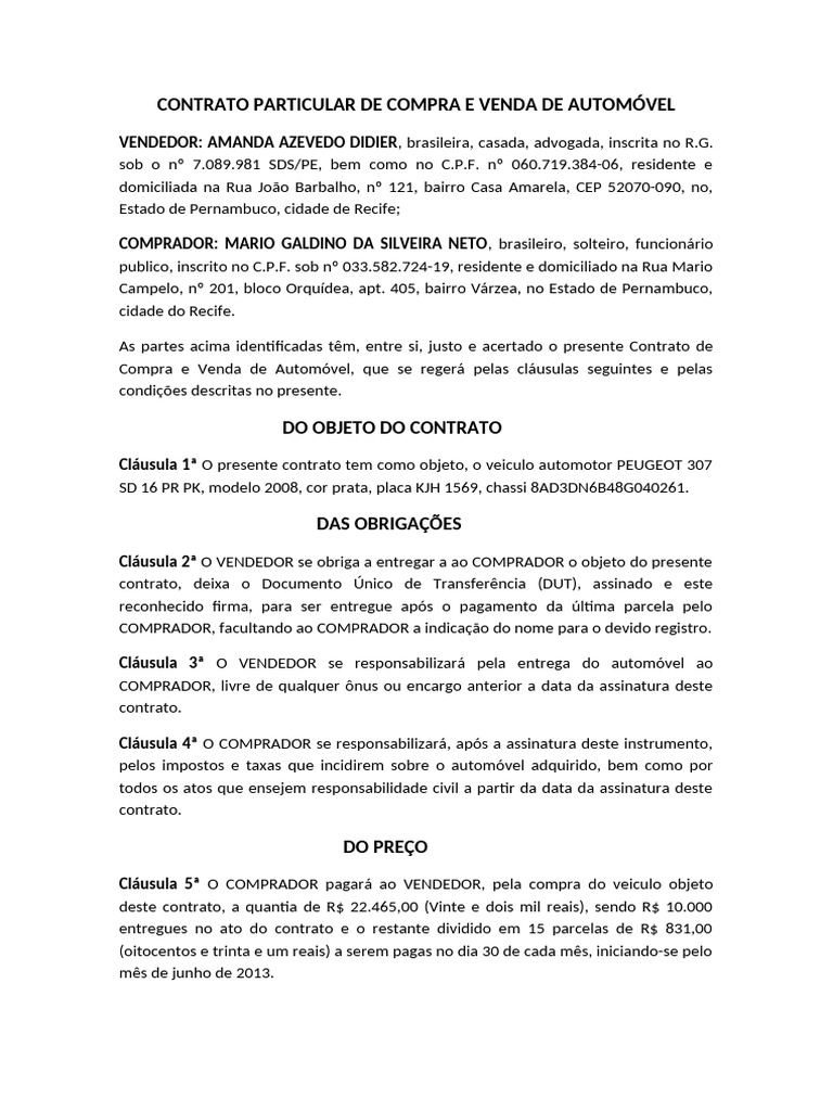 Contrato de Compra e Venda de Automóvel | PDF