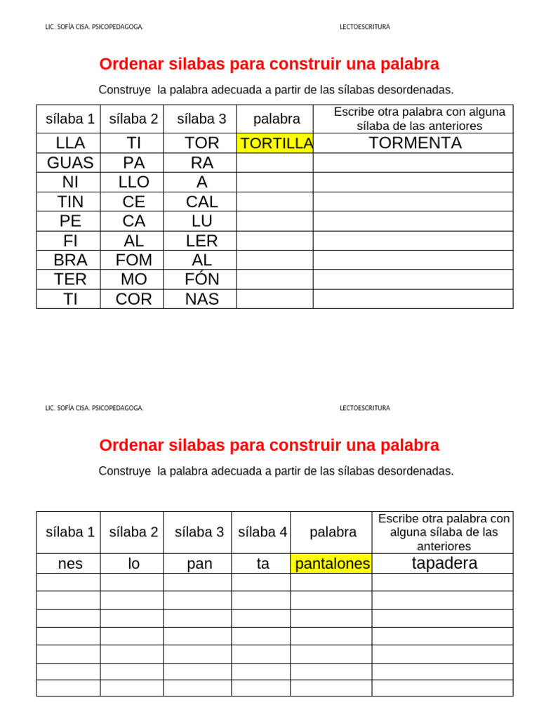 Ejercicios Dislexia Ordenar Sílabas para Construir Una Palabra ...
