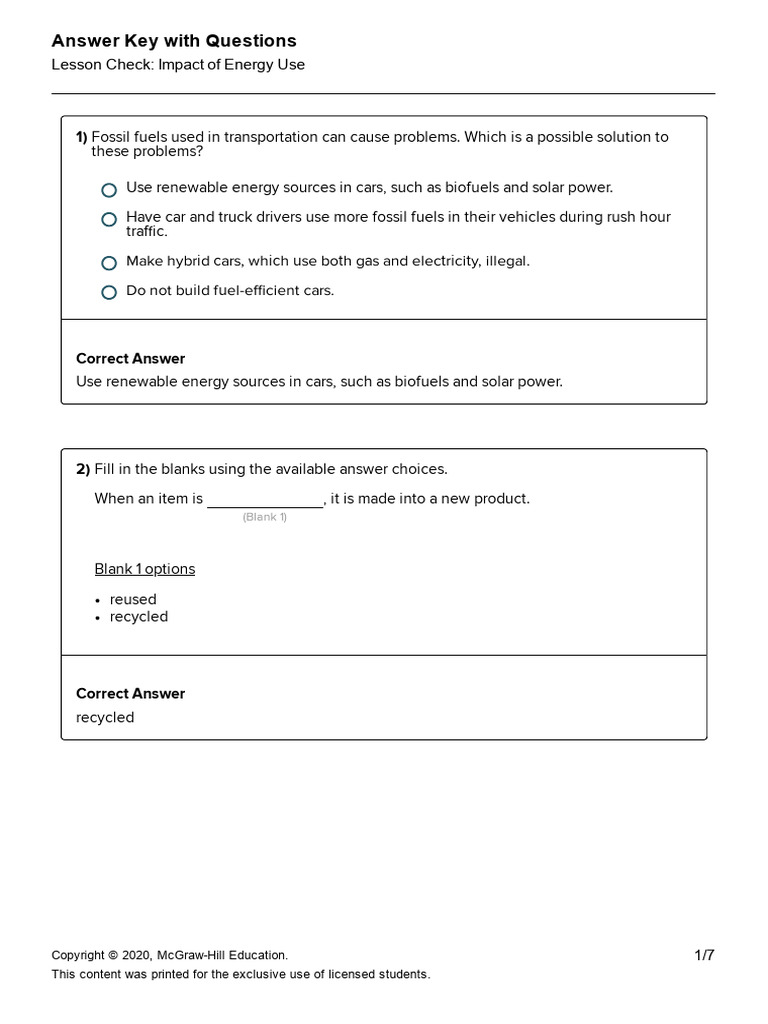 Lesson Check Answer Key Impact of Energy Use | PDF | Energy Development ...