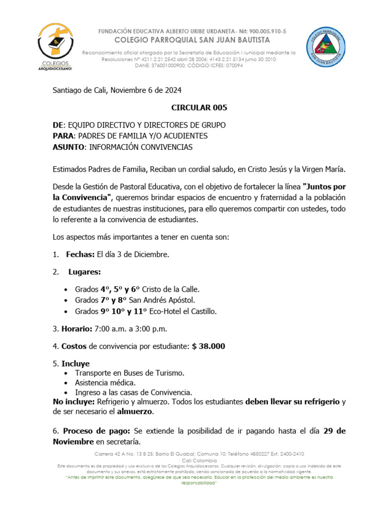 CIRCULAR 005 Información de Convivencias | PDF