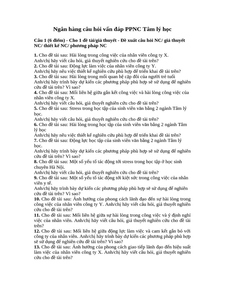 Ngân hàng câu hỏi vấn đáp PPNC Tâm lý học | PDF
