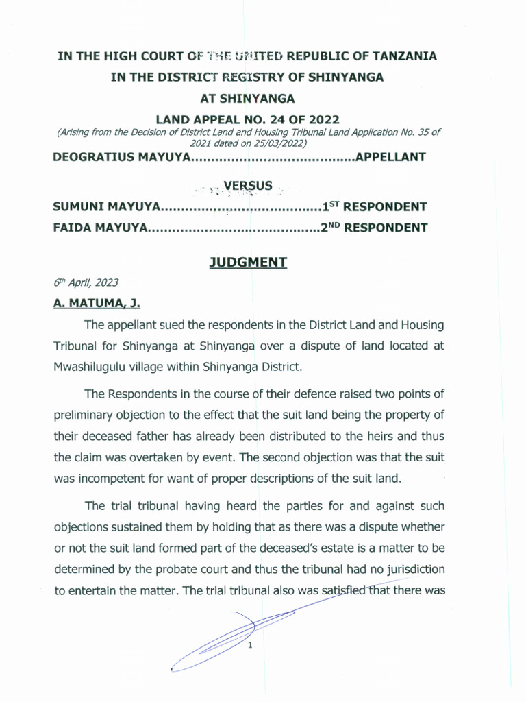 Deogratius Mayuya Vs Sumuni Mayuya and Another (Land Appeal 24 of 2022 ...