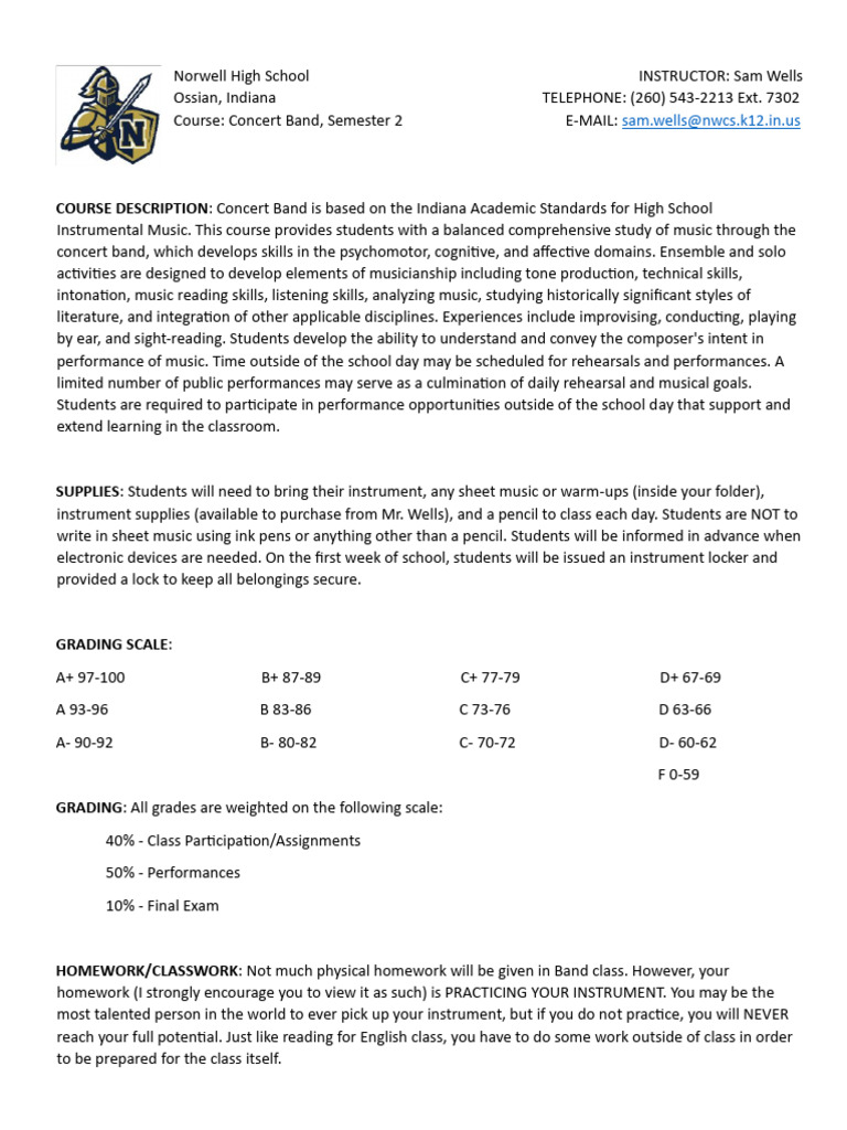 Concert Band Syllabus Spring 2025 | PDF | Learning