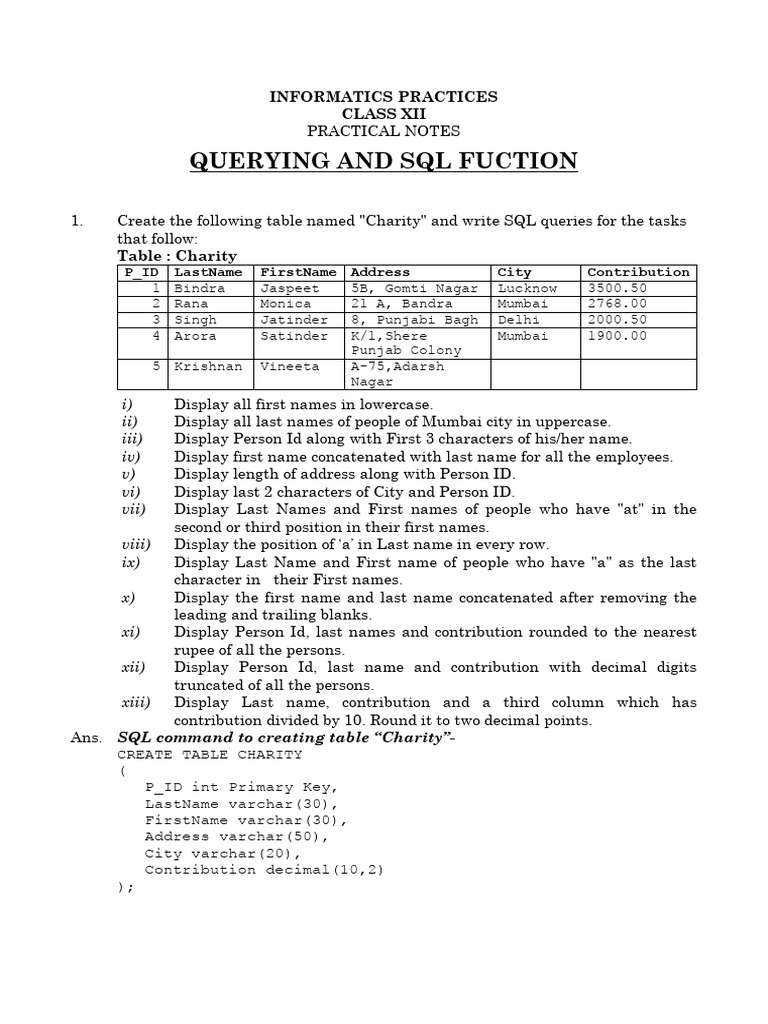 XII SQL Practical Notes 2024-25 | PDF | Function (Mathematics) | Numbers