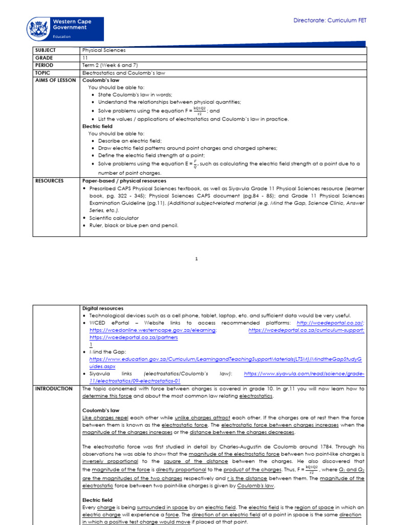 Grade 11 Electrostatics & Coulomb's Law | PDF | Electric Field ...