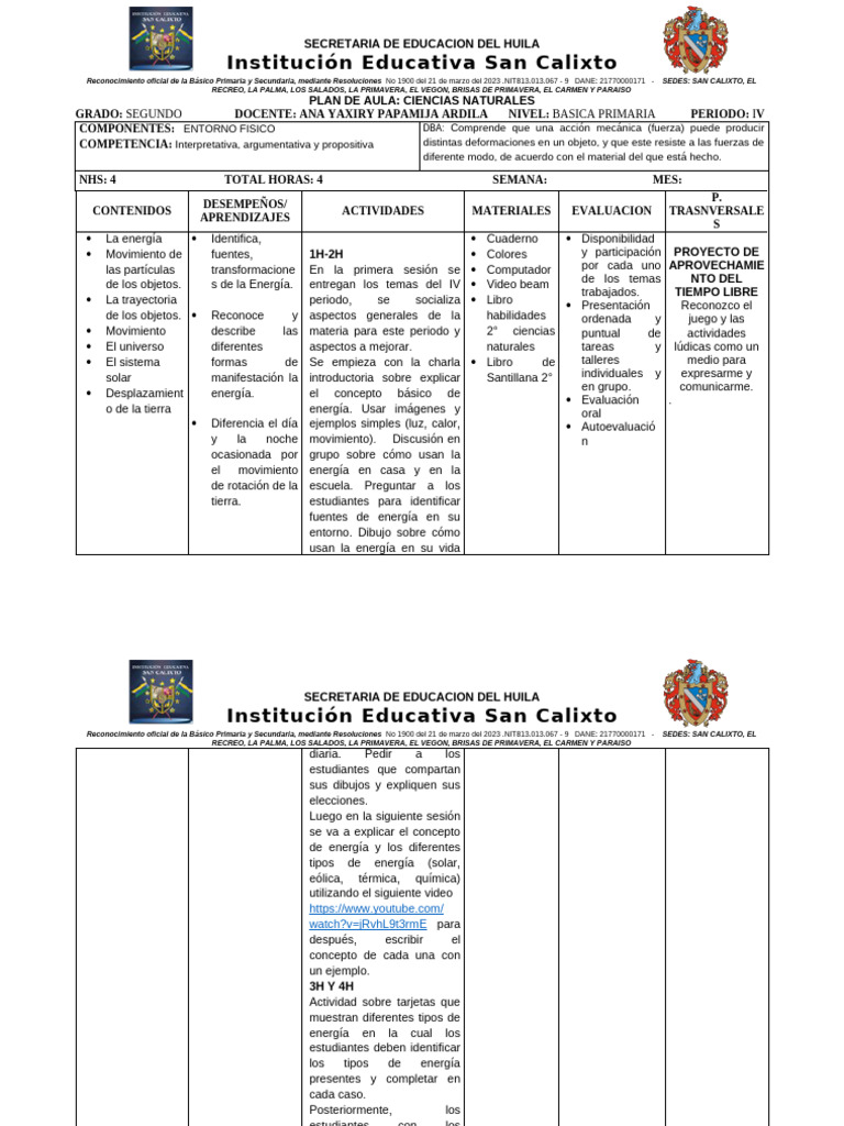 Plan de Aula 2° 4 Periodo | PDF | Evaluación | Fuerza