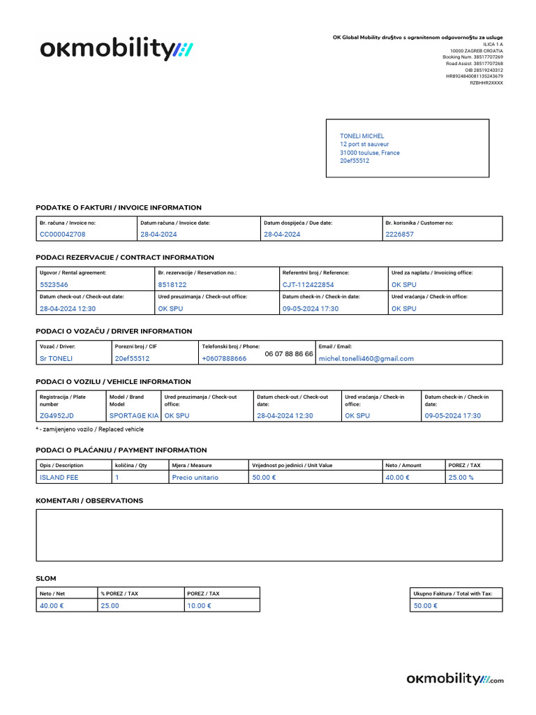 OK Mobility Invoice Details | PDF