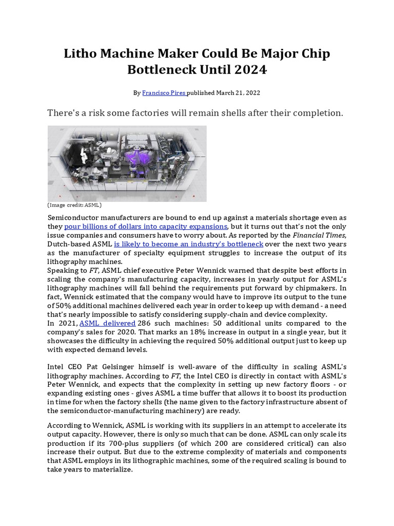 Newspaper Article (Class 3) Litho Machine Maker Could Be Major Chip Bottleneck Until 2024 | PDF ...