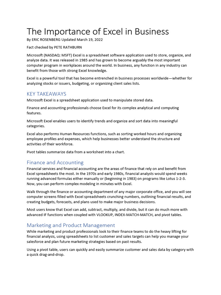 Newspaper Article (Class 4) the Importance of Excel in Business | PDF | Microsoft Excel ...