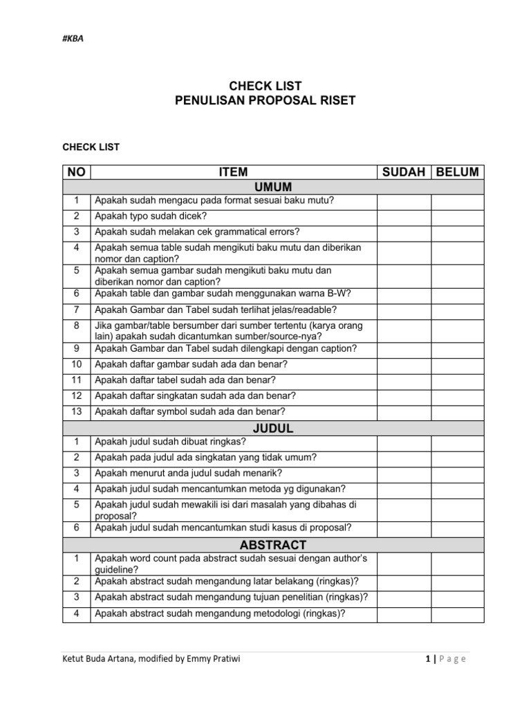 E1 - CHECK LIST WORKSHOP PENULISAN PROPOSAL RISET | PDF