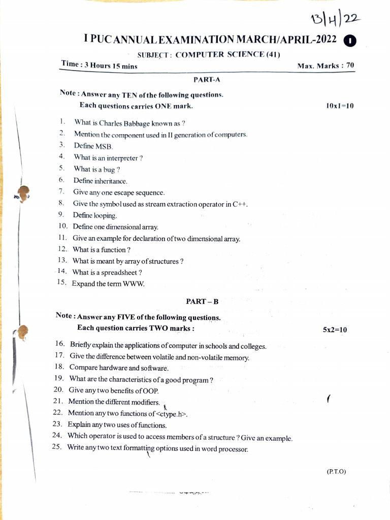 I PUC Computer Science 2021-2022 Board Paper | PDF | Computer ...