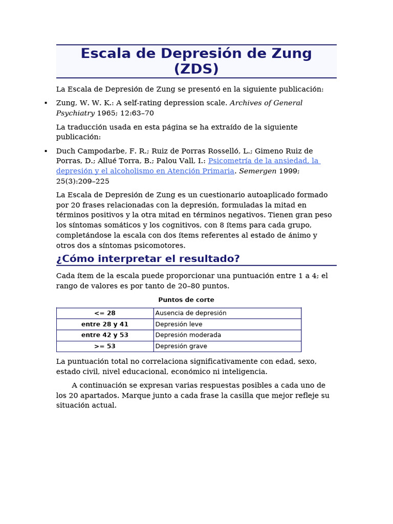 Escala de Depresión de Zung: Interpretación | PDF