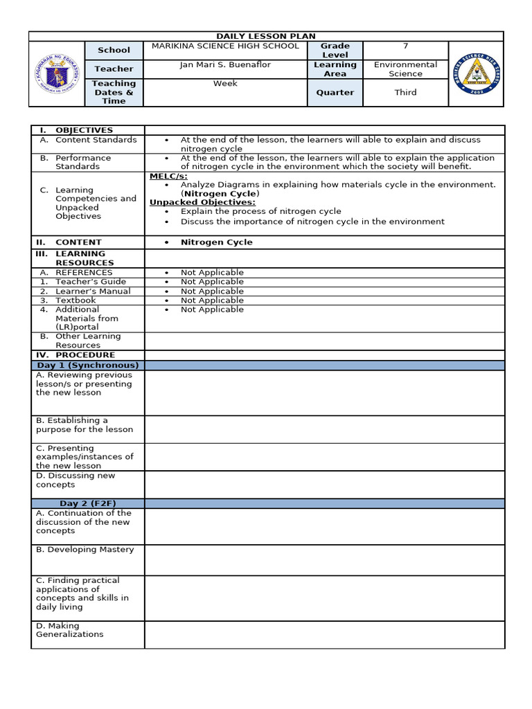 DLL TEMPLATE | PDF | Lesson Plan | Learning