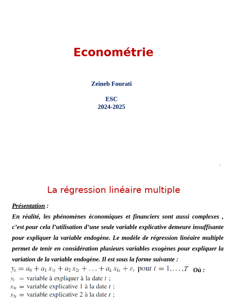 Econométrie Régression Linéaire Multiple 1 | PDF | Régression linéaire | Analyse de régression