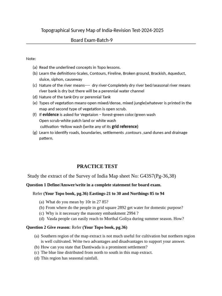 Topo practice test-2024-25 Batch | PDF | River | Earth Sciences
