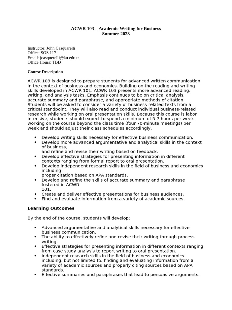 ACWR 103 Summer Syllabus 2023 | PDF | Turnitin | Plagiarism