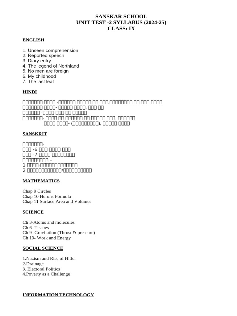 IX-UT 2 Syllabus (2024-25) | PDF