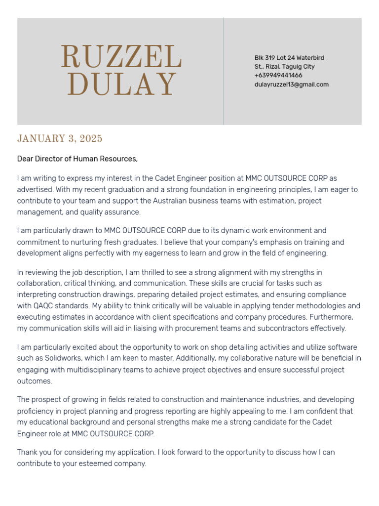 Cover Letter Ruzzel Cadet | PDF | Business | Outsourcing