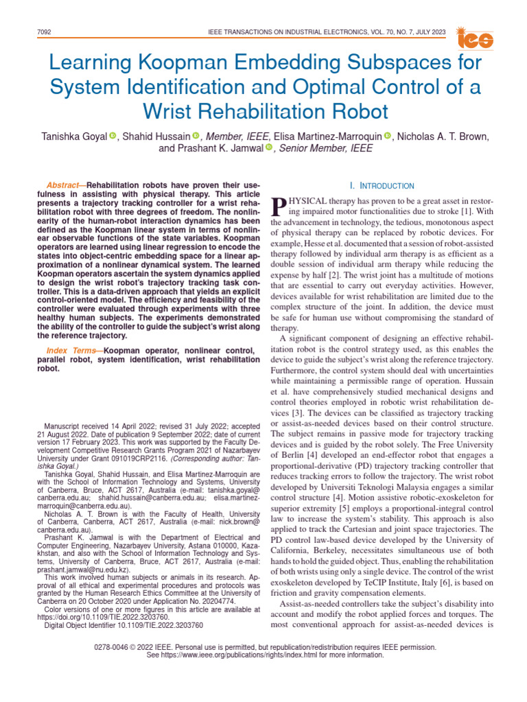 Learning Koopman Embedding Subspaces for System Identification and Optimal Control of a Wrist ...