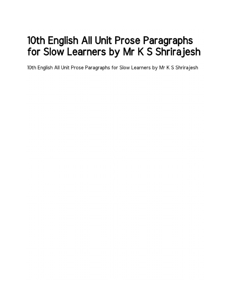 10th English All Unit Prose Paragraphs For Slow Learners by MR K S ...