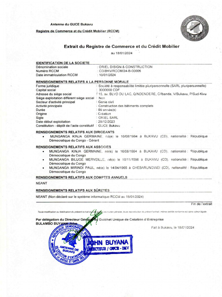 Extrait Du Rccm Oriel | PDF