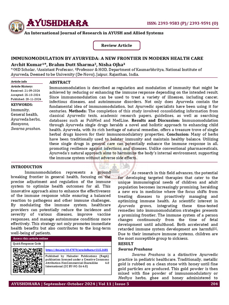 Immunomodulation by Ayurveda A New Frontier in Mod | PDF ...