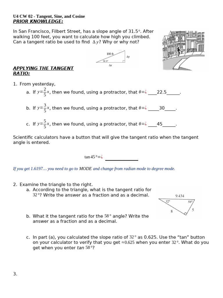 4.02 CW-HW Tangent, Sine, Cosine | PDF | Trigonometric Functions | Triangle